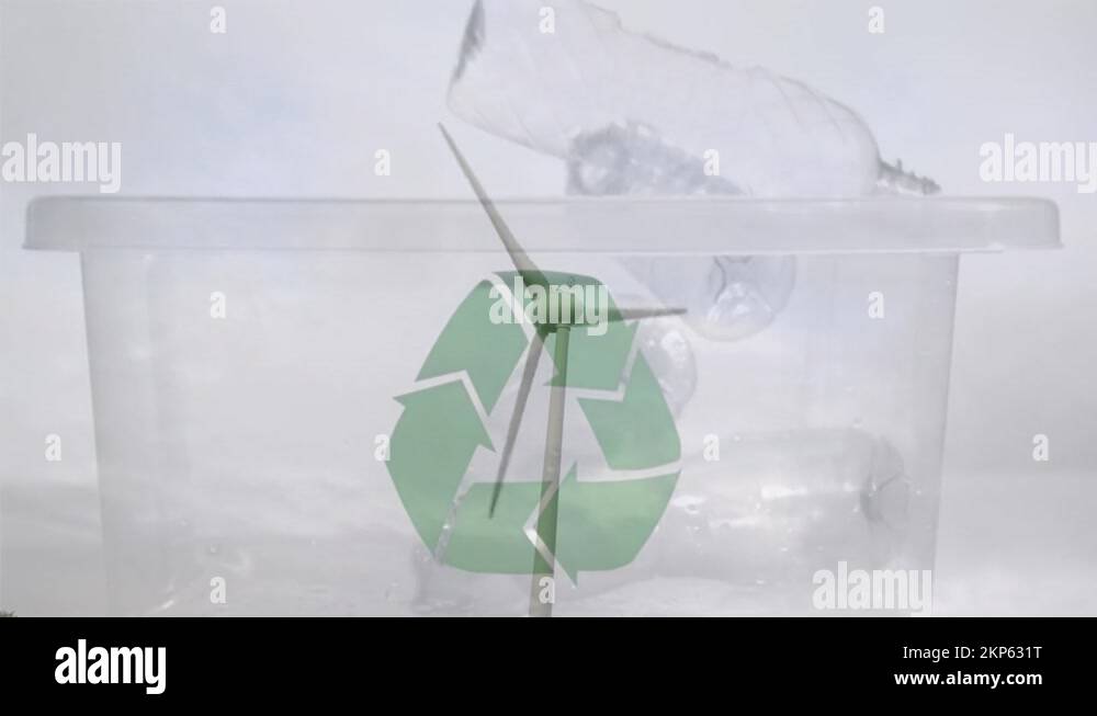 Animation of green recycling sign over box with plastic boxes and wind ...