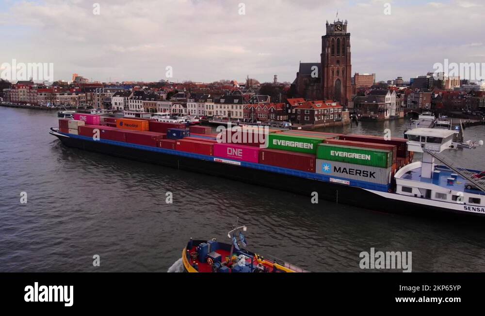 Aerial Port Side View Of Cargo Container Ship Sensation Going Past On ...
