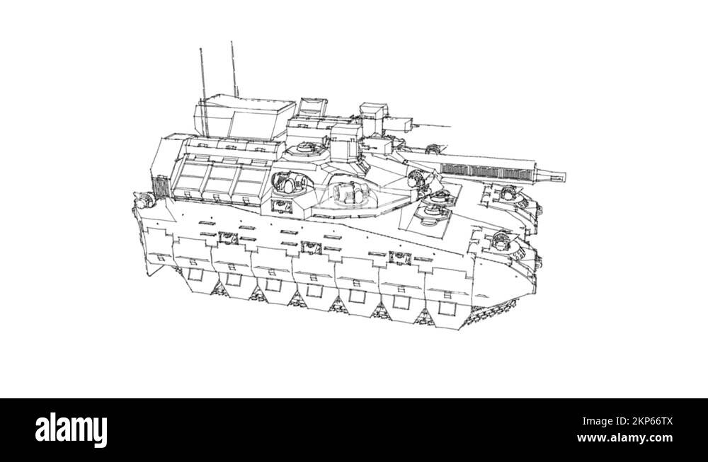 Loop rotation animation of a military tank wireframe with thin black ...