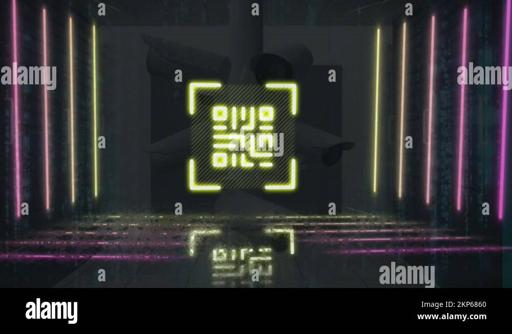 Animation of neon qr code and lines in digital space with security ...