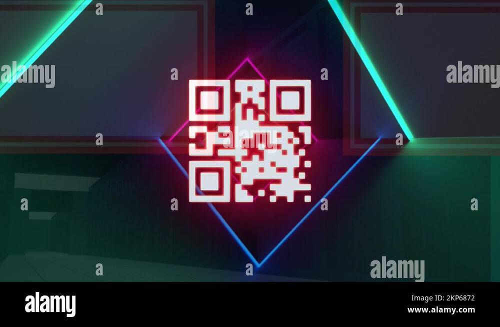 Animation of neon qr code and lights moving in digital space Stock ...