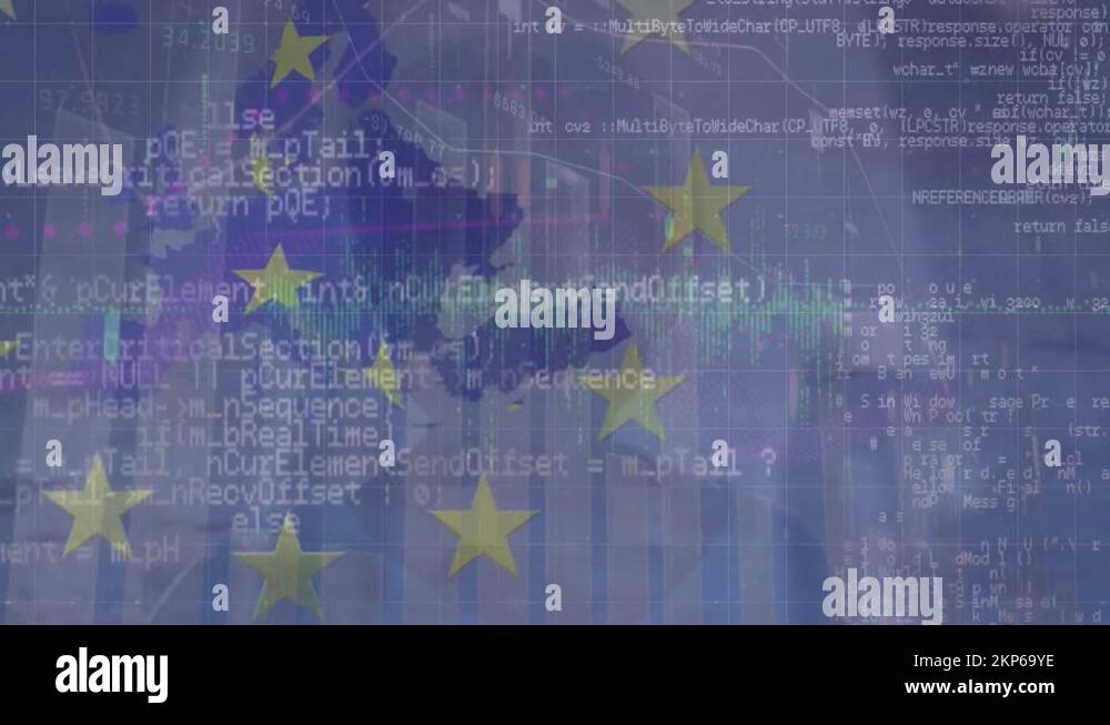 Animation of diverse data, map of europe and european union flag Stock ...