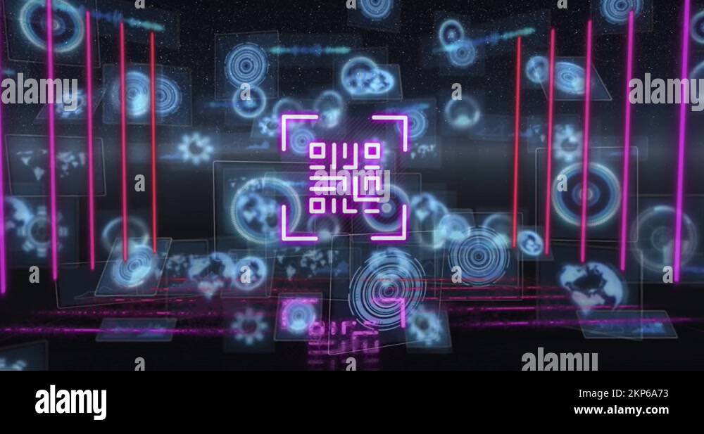 Animation of neon qr code with lines over data processing and scope scanning on Stock Video ...