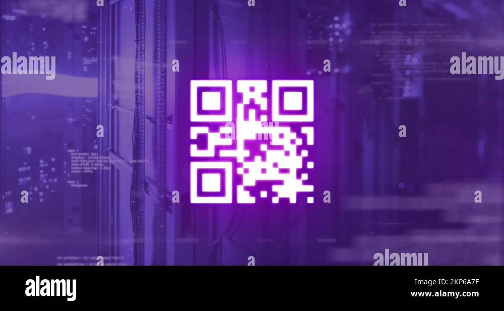 Animation of neon qr code with lines over data processing and server ...