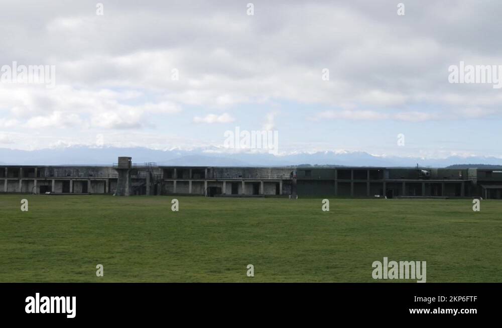 Military bunker with the Olympic Mountains in the distance at Fort ...