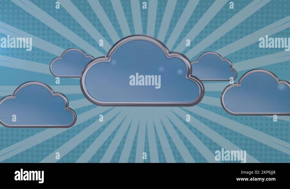 Digital animation of multiple cloud icons against blue radial ...