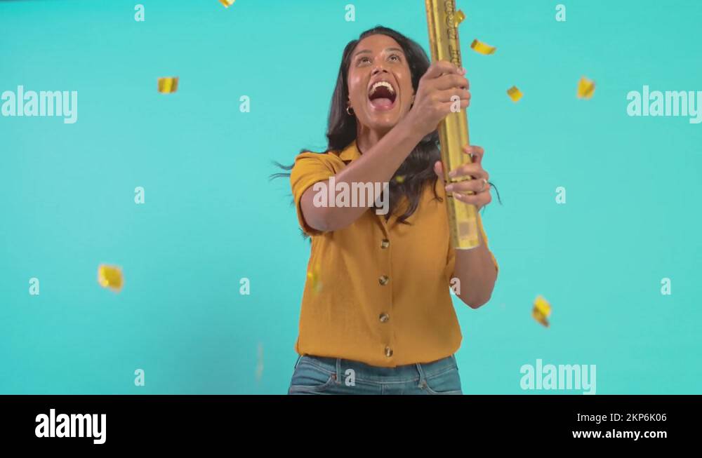 Excited Mature Woman Celebrates Winning Firing Gold Confetti Canon In ...