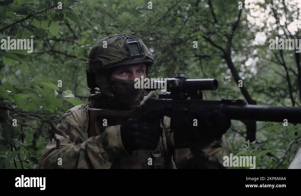 Soldier with sniper rifle defends the front line in a dense deciduous ...