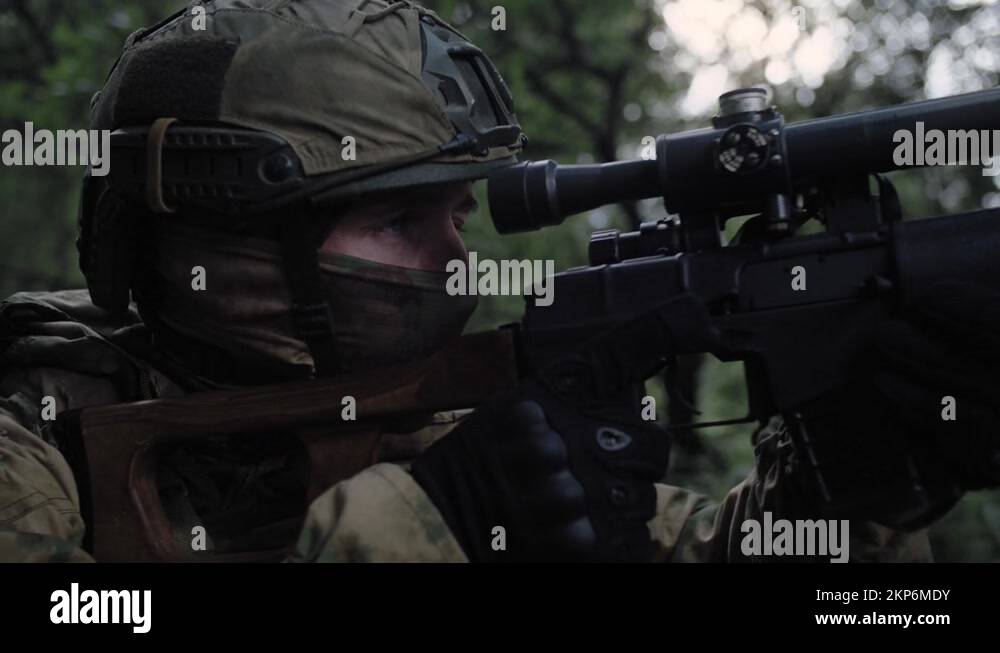 Soldier with a sniper rifle, in dense deciduous forest, protects the ...