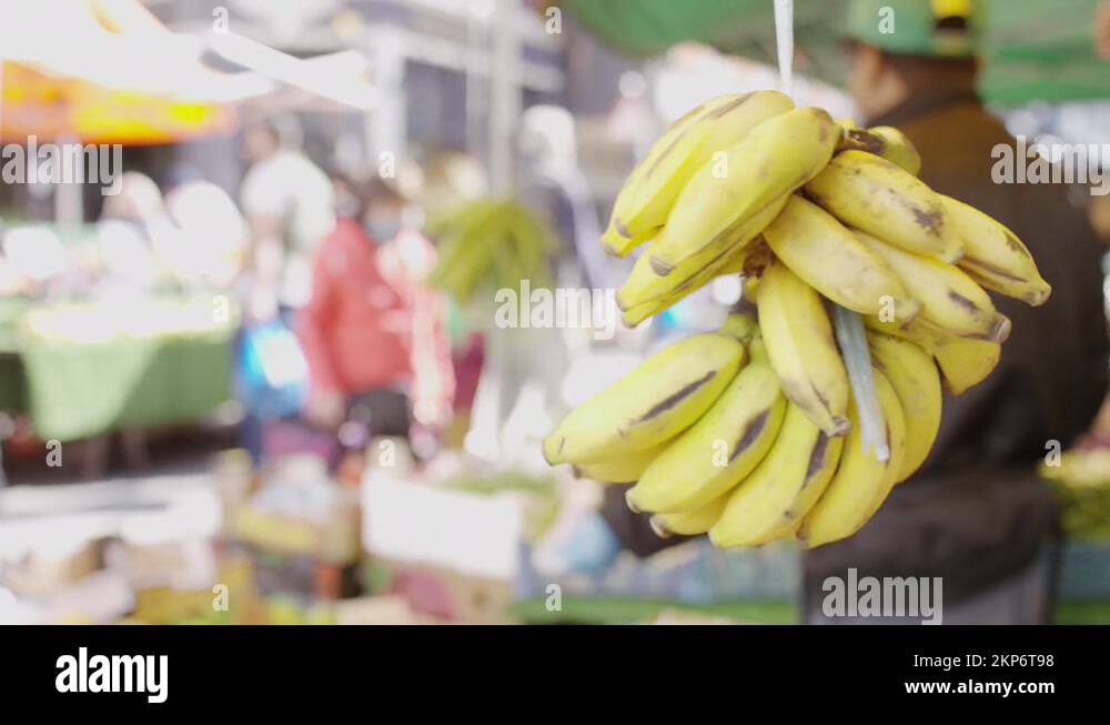 Bananas spinning around from a hanging wire at an outdoor market stall ...