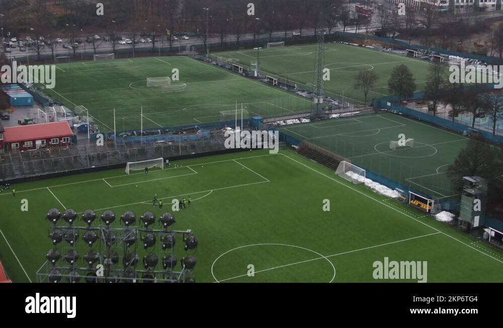 Establishing aerial view of Skytteholms IP football stadium in Solna ...