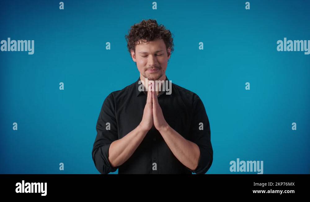 Portrait curly modern man thank gesture with connected hands and ...