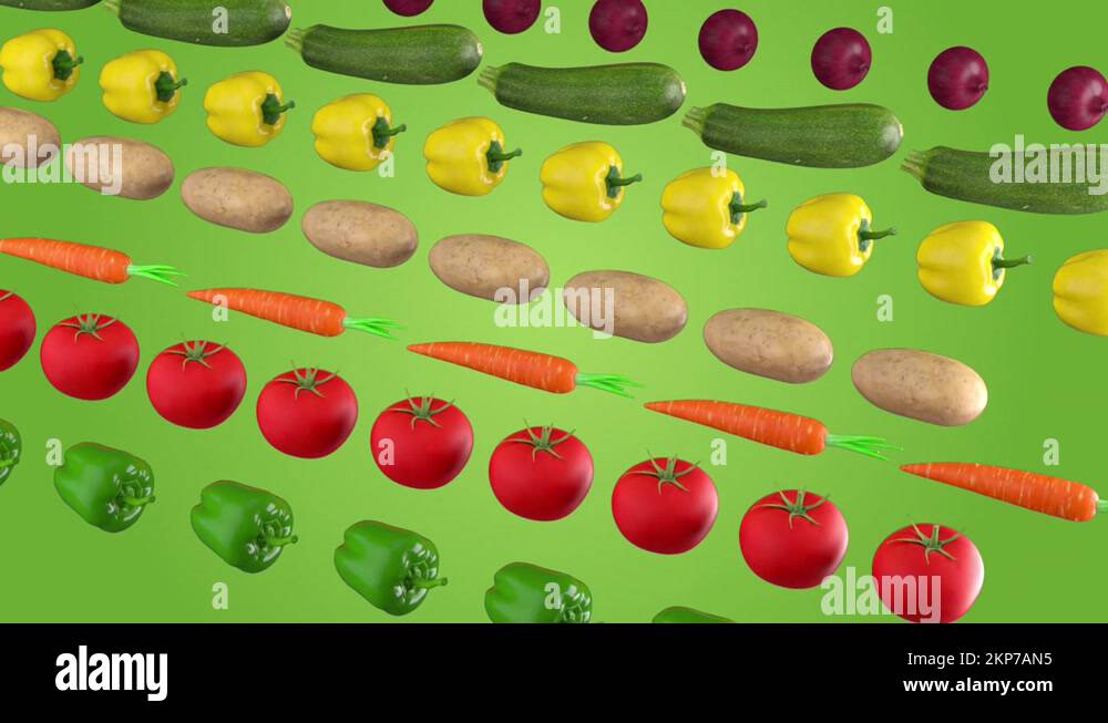 Beautiful animated fresh vegetables in rows on a green background with ...