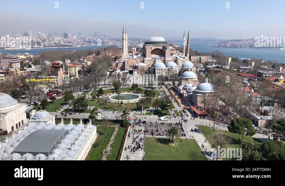 Panoramic view of Hagia Sophia Mosque and Sultanahmet square in ...
