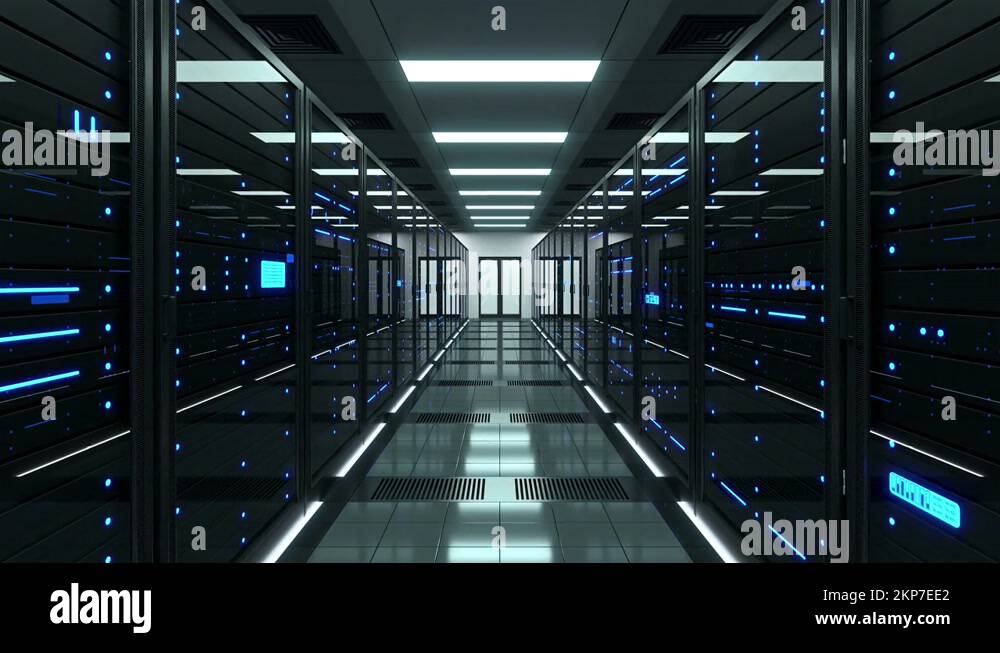 Data center with working rack servers. Forward dolly shot of server ...