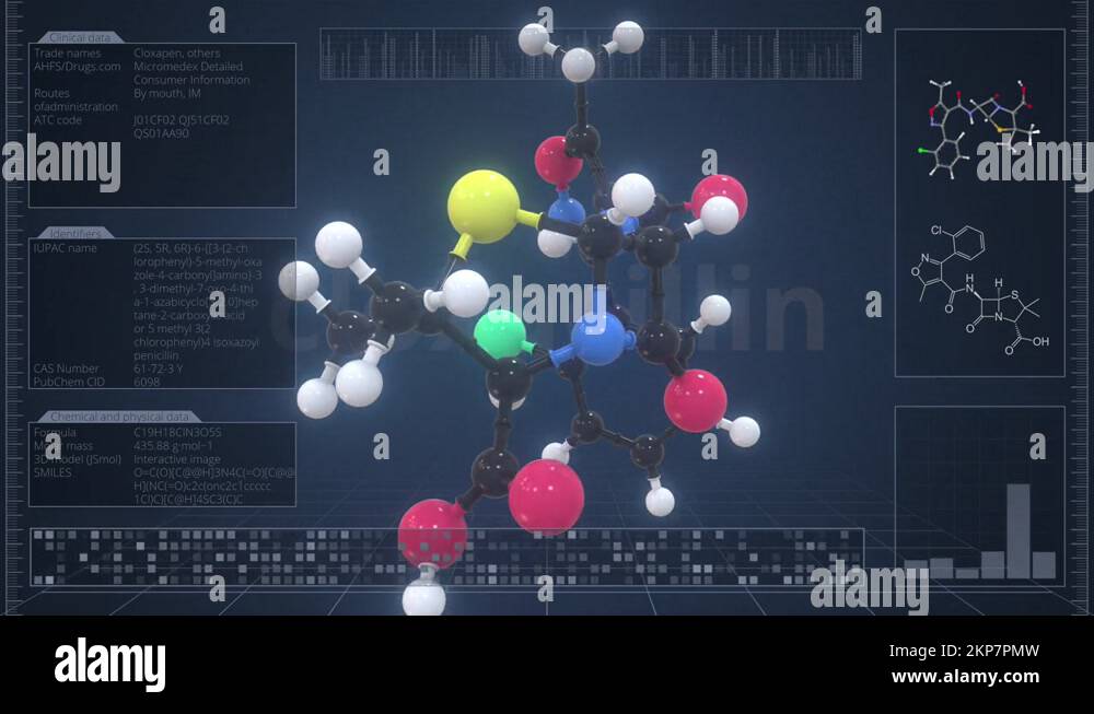 Overview of the molecule of cloxacillin on the computer screen. Loopable 3d Stock Video Footage ...