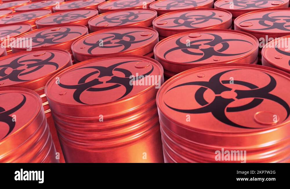 Red toxic waste barrels with Biohazard symbol looping 3D animation ...
