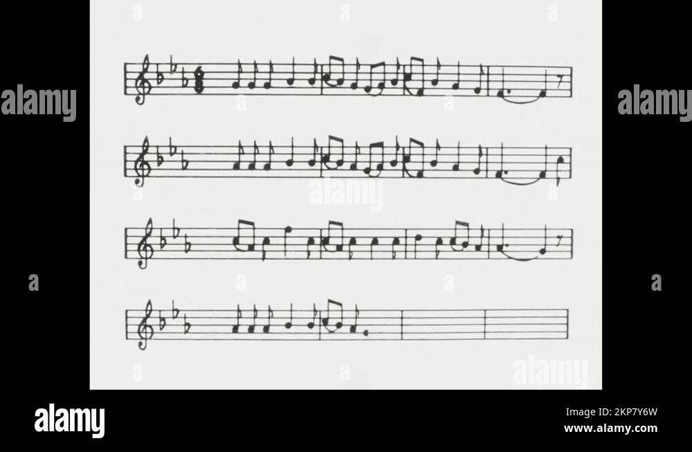 1960s: variety of musical notes on 4 staves with clefs, flats, time ...