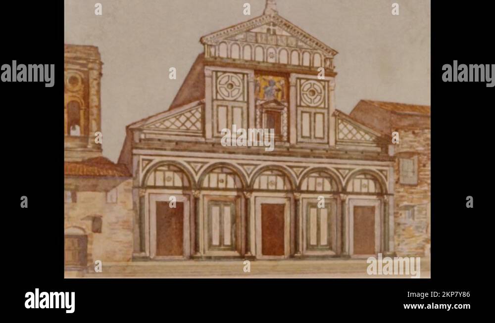 1960s: Illustration of building exterior. Ornate stone arches, columns ...