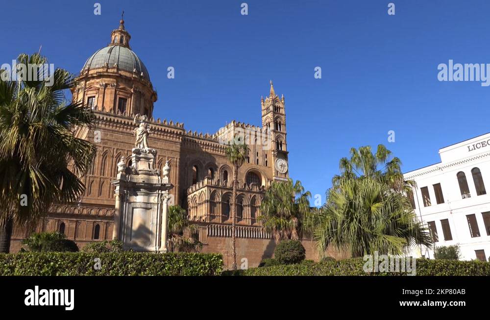 Palermo Cathedral (Cattedrale di Palermo) with high clock tower with ...
