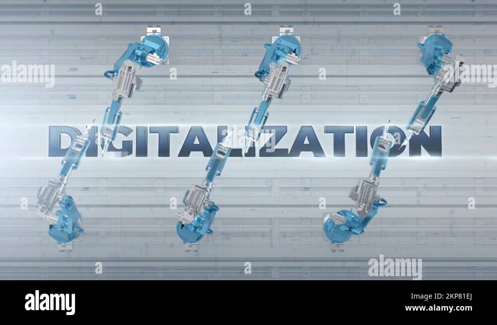 Automated Robot Arm Assembly Line Digitalization text label ...
