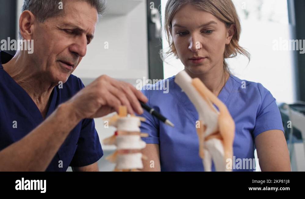 Two caucasian doctors talking and showing on medical models Stock Video ...