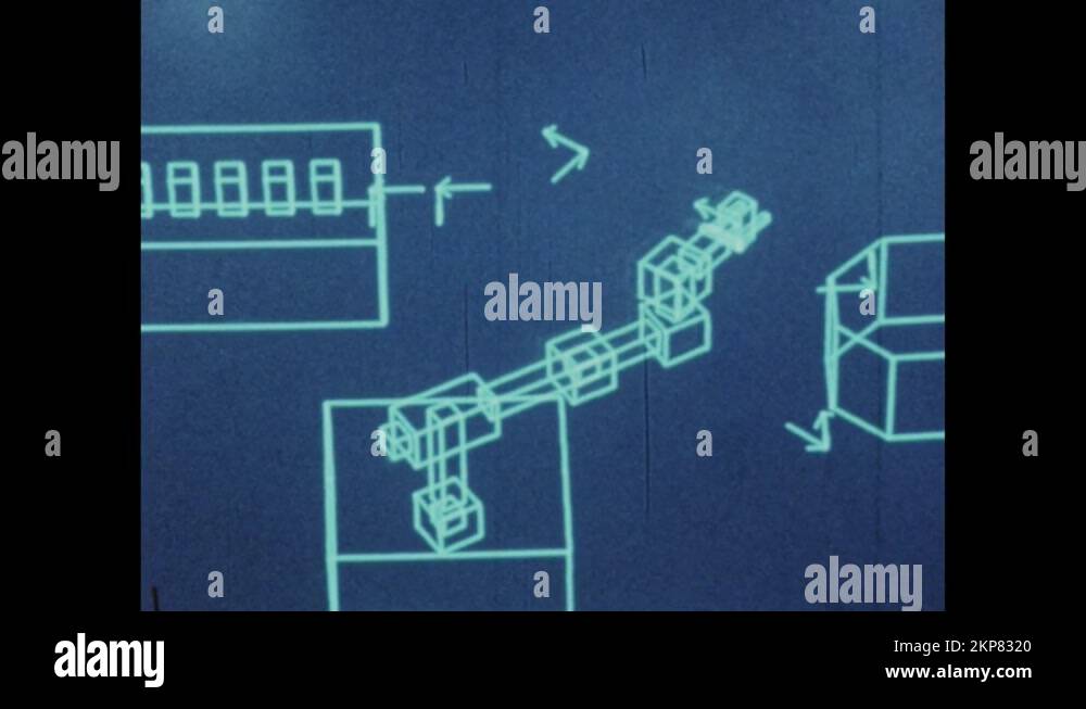 1980s: Robot arm animation on computer monitor. Robot arm picking up ... 1980s: Robot arm animation on computer monitor. Robot arm picking up ...