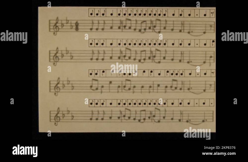 1960s: Sheet music. Musical notes on measures. Quarter note on yellow ...