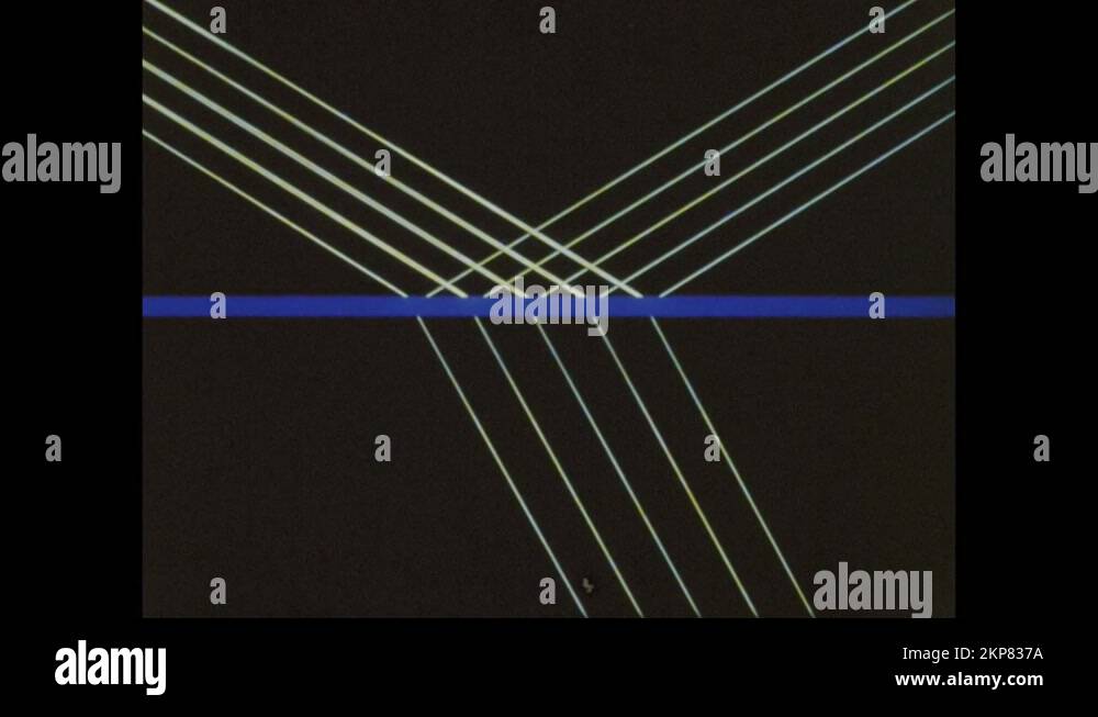 1960s: five white lines are reflected above and refracted below a blue ...