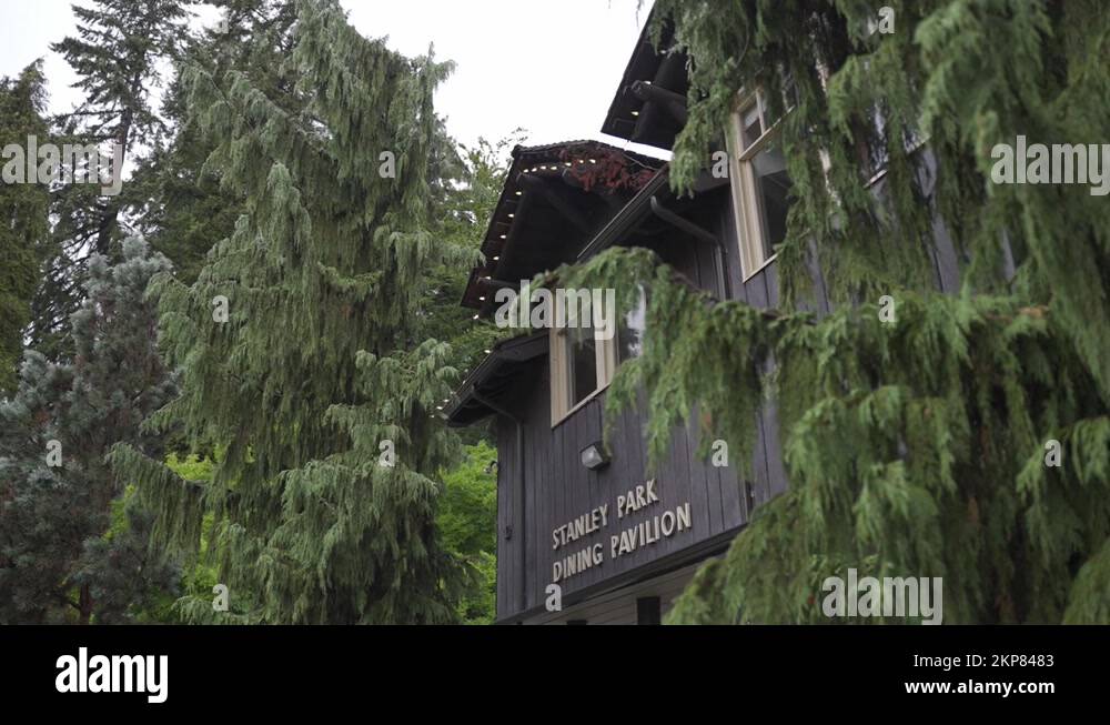 Stanley Park dining pavilion in lush woods, Vancouver in Canada. Low ...
