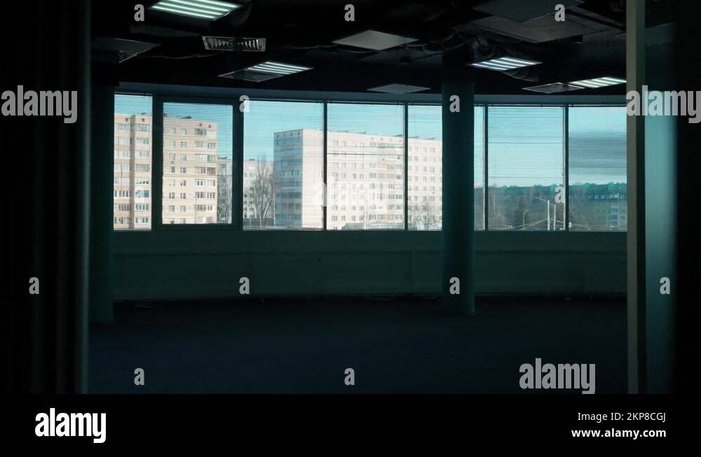 Workspace, the interior of dark office space, a walk through the office ...