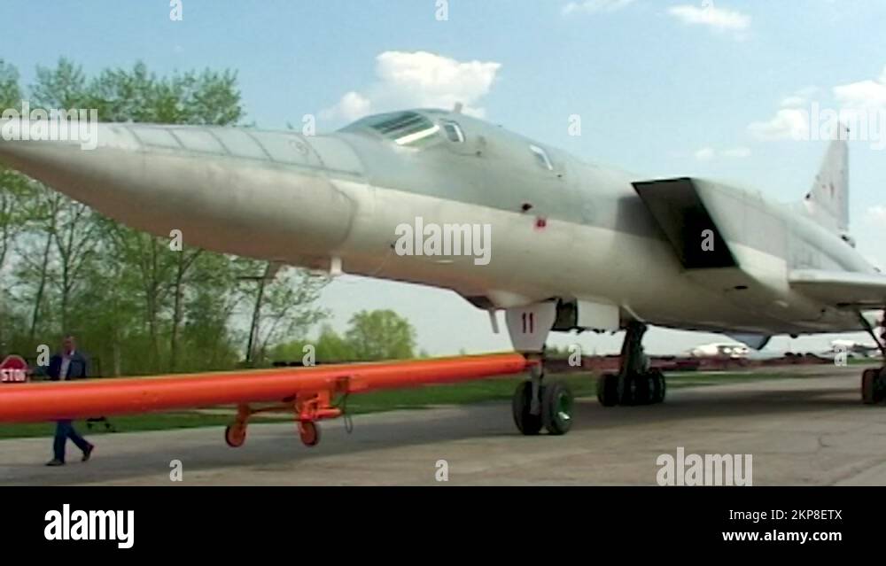Tu-22M3 (NATO-Backfire-C) supersonic bomber towing after landing. Close ...