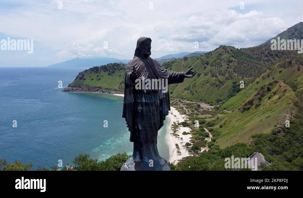 Popular tourism landmark of Cristo Rei Jesus Christ, aerial drone ...