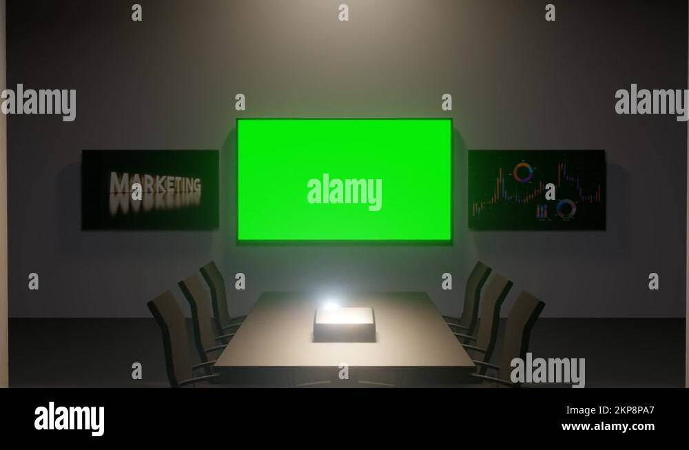 Camera movement to green screen projector screen in office environment ...