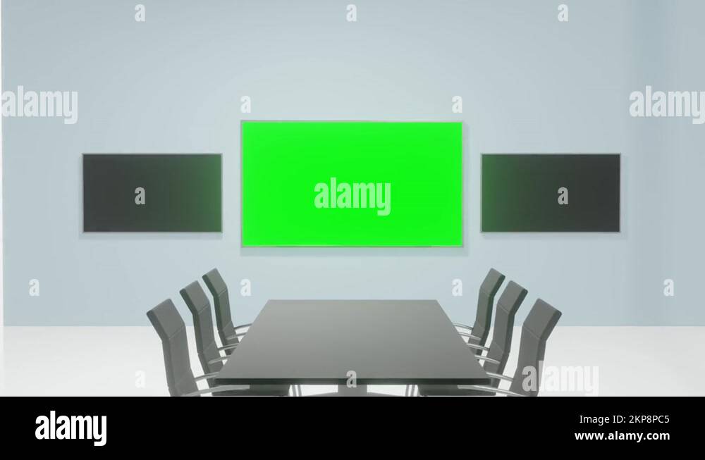 Empty green screen TV screen on wall of office. Camera movement to ...