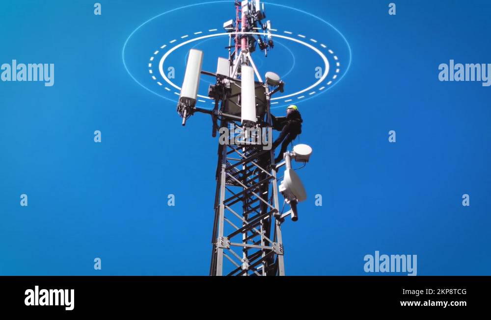 Smart 5G telecommunication antenna, engineer checking network, IOT ...