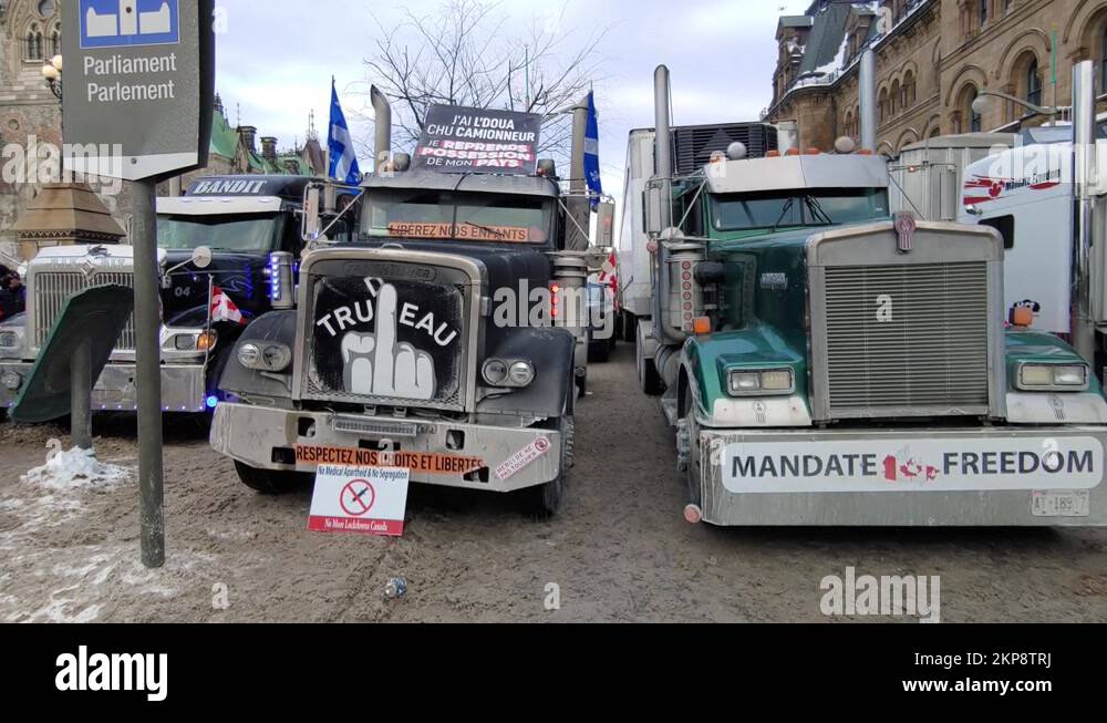 Freedom Convoy Truckers In Ottawa, Canada Blocking City Street With ...