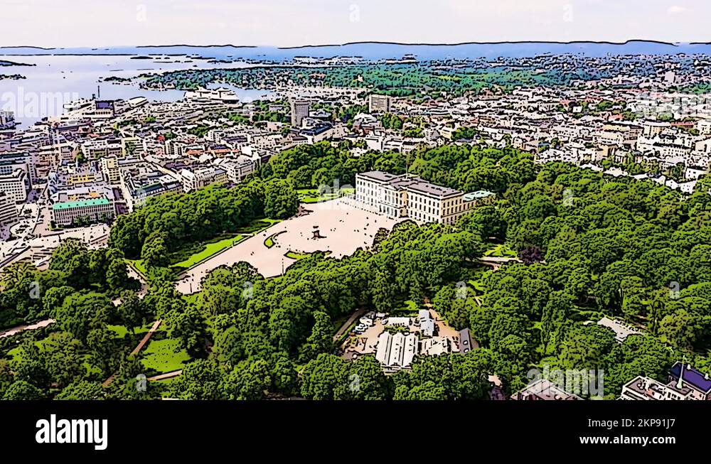 Color sketch in cartoon style. Oslo, Norway. Royal Palace ...
