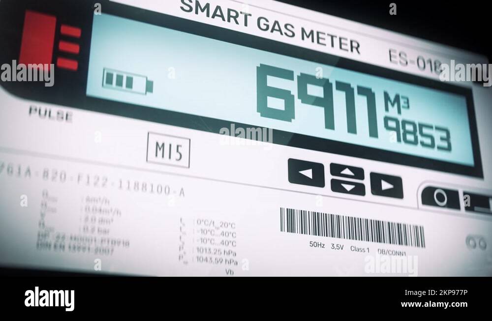 Smart gas meter display showing volume of cubic metres consumed by ...