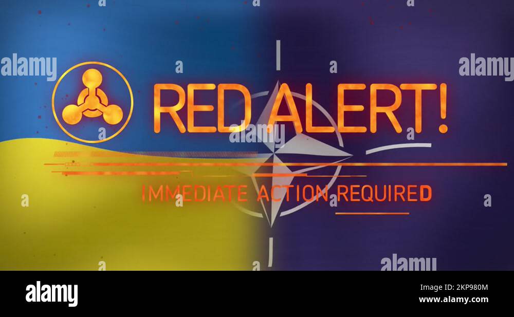 Animation of red alert text and symbol over flags of ukraine and nato ...