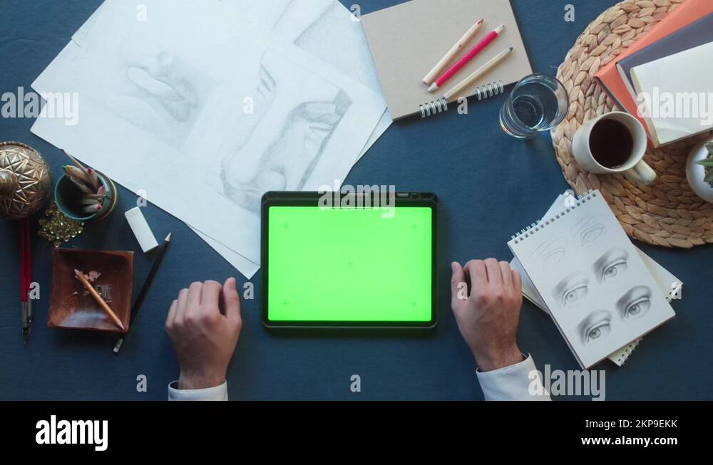 Business people using gadget with chroma green screen top view ...