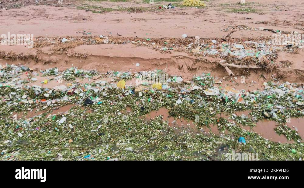 Aerial.plastic pollution flowing into the ocean.Environmental damage to ...