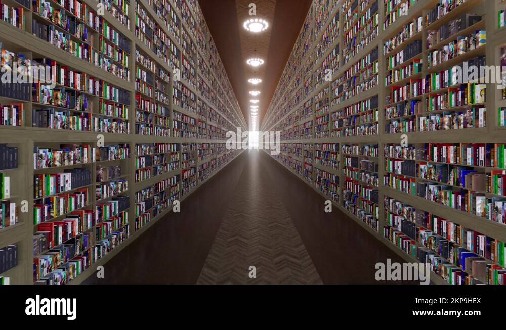 Long library corridor with bookcases and thousands of books, wood floor ...
