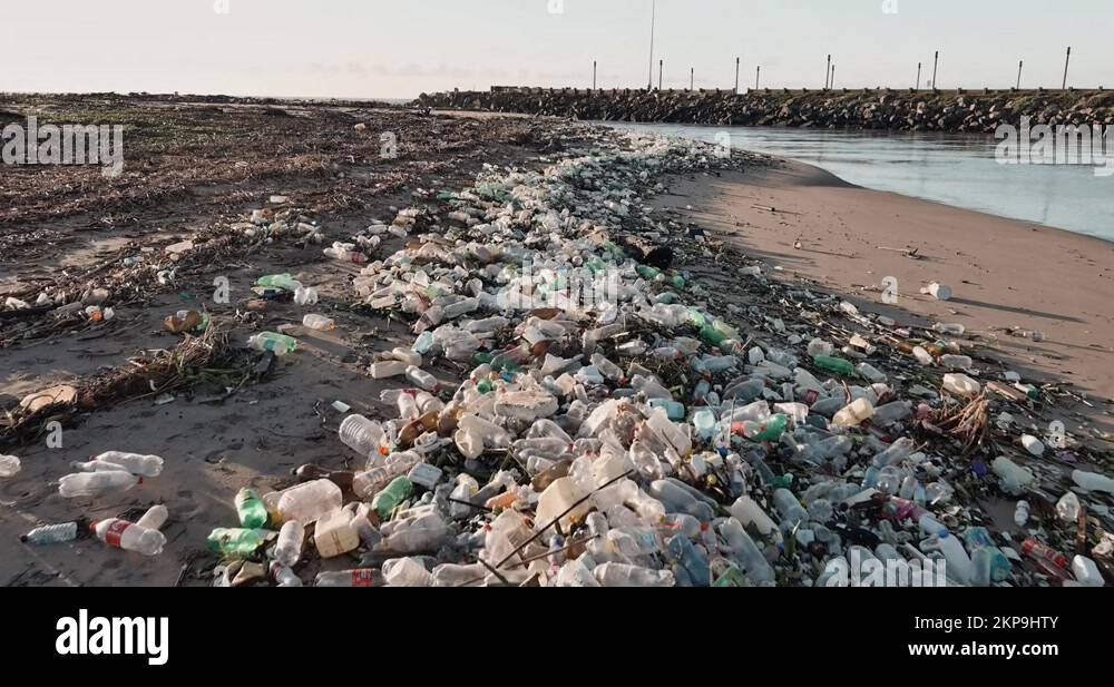 Aerial.plastic pollution flowing into the ocean.Environmental damage to ...