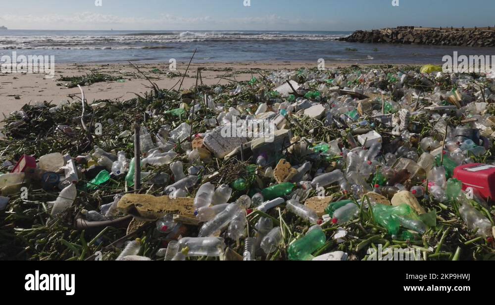 Close-up.Plastic pollution on a beach.Environmental damage to the ...