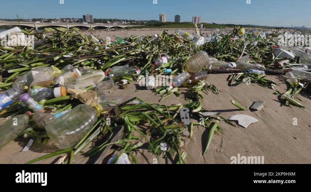 Close-up.Plastic pollution on a beach.Environmental damage to the ...