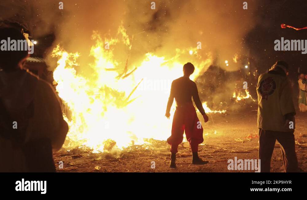 Sagicho Matsuri Year of the Tiger, People Throwing Hay to Burn in Stock ...