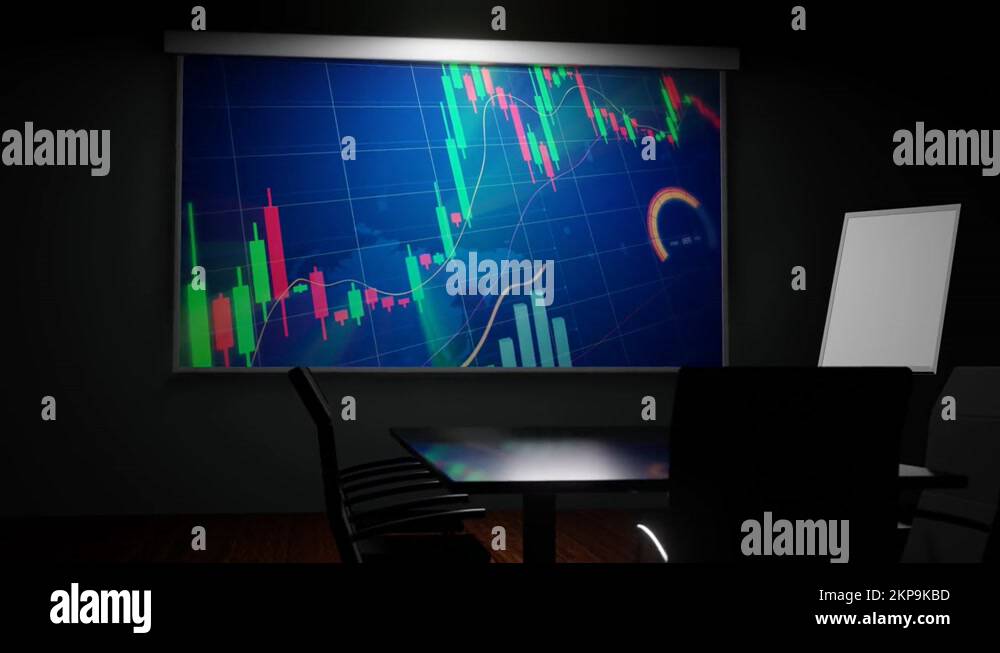 Boardroom with flat screen showing financial charts and different data ...
