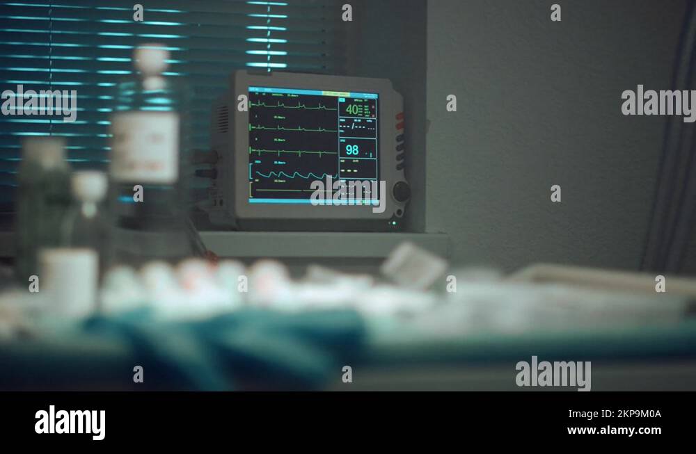 Hospital heartbeat monitoring screen indicating pulse in emergency care ...