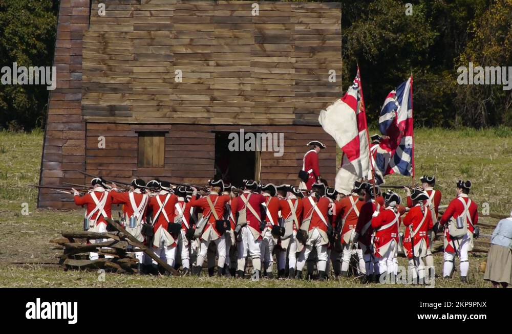 Redcoat British Rev War Re-enactment - Flintlock Volley across smokey ...